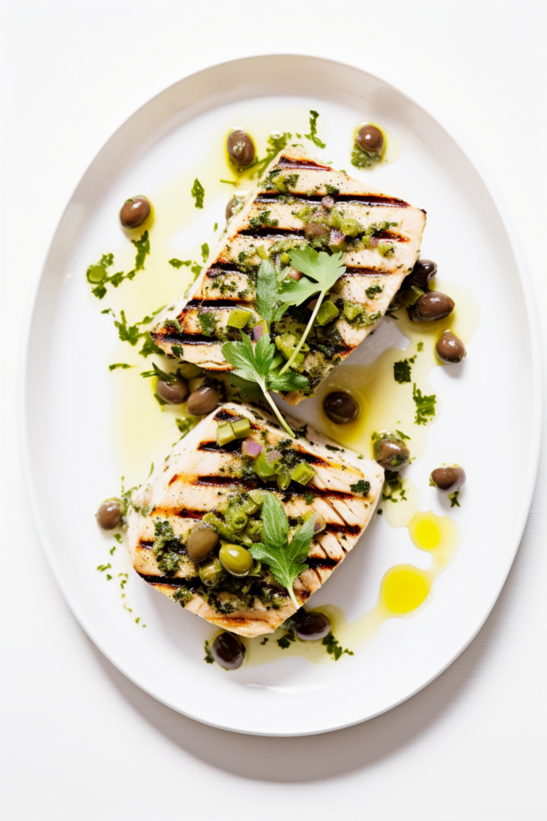 Grilled Swordfish with Olive and Caper Salsa Verde - Cooking Mediterranean
