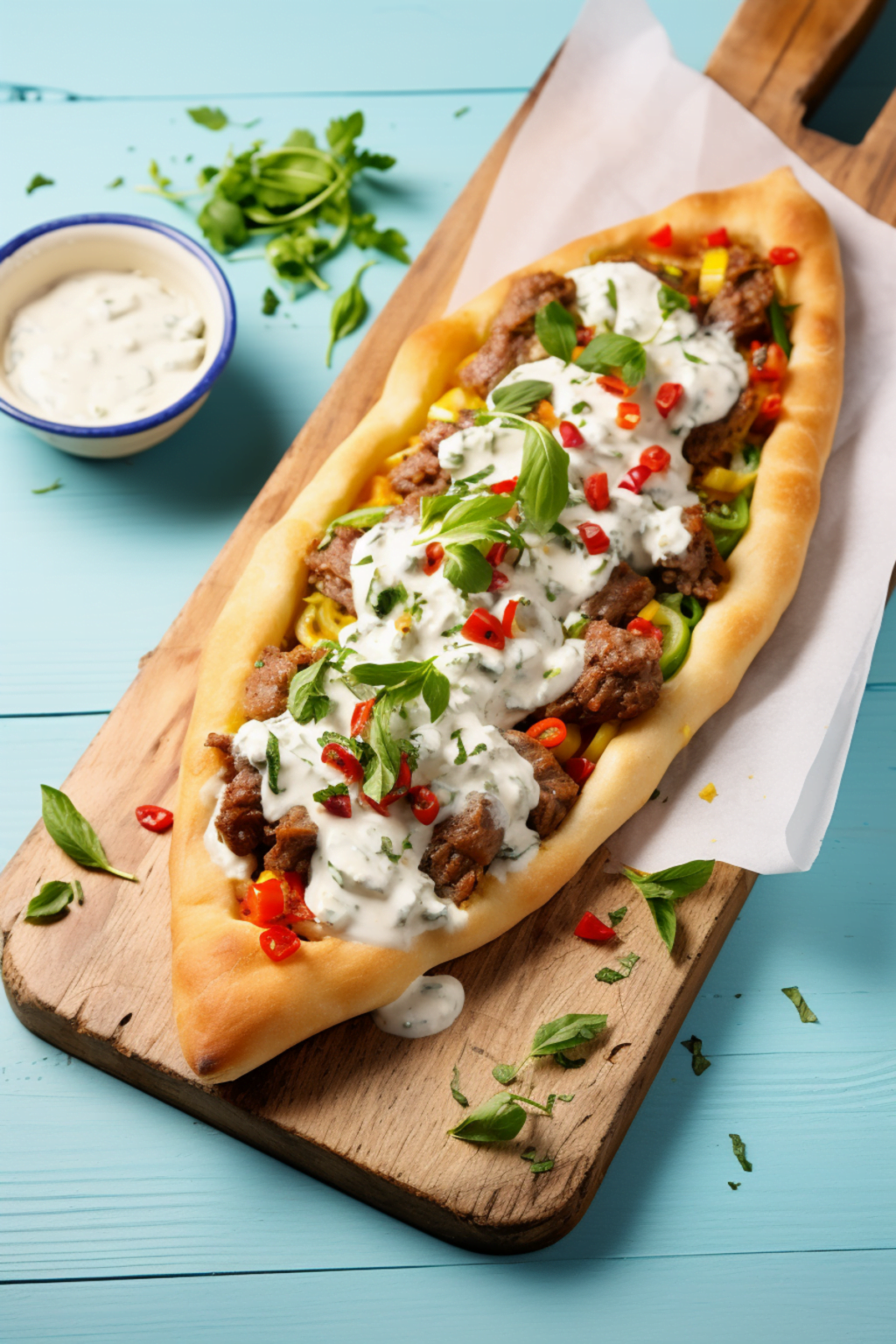 Turkish Pide with Spicy Lamb and Feta, Drizzled with Yogurt Sauce ...